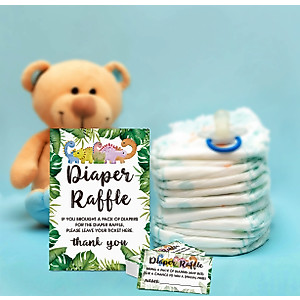 Diaper Raffle Baby Shower Game Set(1 Standing Sign + 50 Guessing Cards), Dinosaur Theme Diaper Raffle Tickets for Baby Shower, Safari Jungle Baby Shower Party Favor Decor - A18