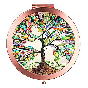 YCKMD Rose Gold Travel Purse Mirror Compact Double Sides 2X & 1x Magnification Hand Mirror Metal Round Bohemian Mirror for Women and Girls-Life Tree