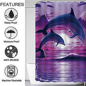 GUDAGUU 4 Piece Dolphin Shower Curtain for Bathroom Sets,Dolphines Jump on The Ocean Bathtub Decor with Bath Rugs,U Shape Mat Toilet Seat Cover and Hooks , 71 Inch Size Long Shower Curtains (Purple)