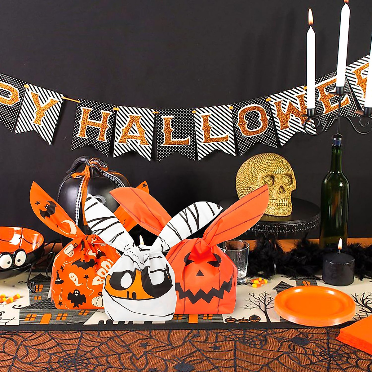 Halloween Treat Bags, Halloween Candy Bags, Halloween Trick or Treating Bags, 60PCS Small Plastic Halloween Cookies Gifts Snack Goodie Bags for Trick or Treat, Halloween Party Decoration Supplies