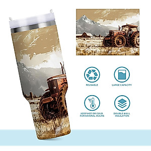 Kigai 40 oz Farmer Driving A Tractor Tumbler with Handle and Straw Lid, Insulated Cup Reusable Stainless Steel Water Bottle Travel Mug for Water, Iced Tea or Coffee
