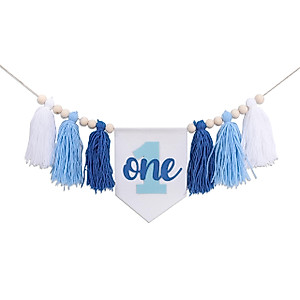 Blue Tassel 1st Birthday High Chair Banner - First Birthday Decorations For Boys,Cake Smash Party Highchair Banner,Yarn Tassel One Birthday Banner,Blue Yarn Tassel Garland Photo Prop
