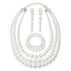 FINREZIO Women's Faux Three Multi-Strand Pearl Necklace Long Pearl Dangle Earrings and Bracelet Jewelry Set for Women