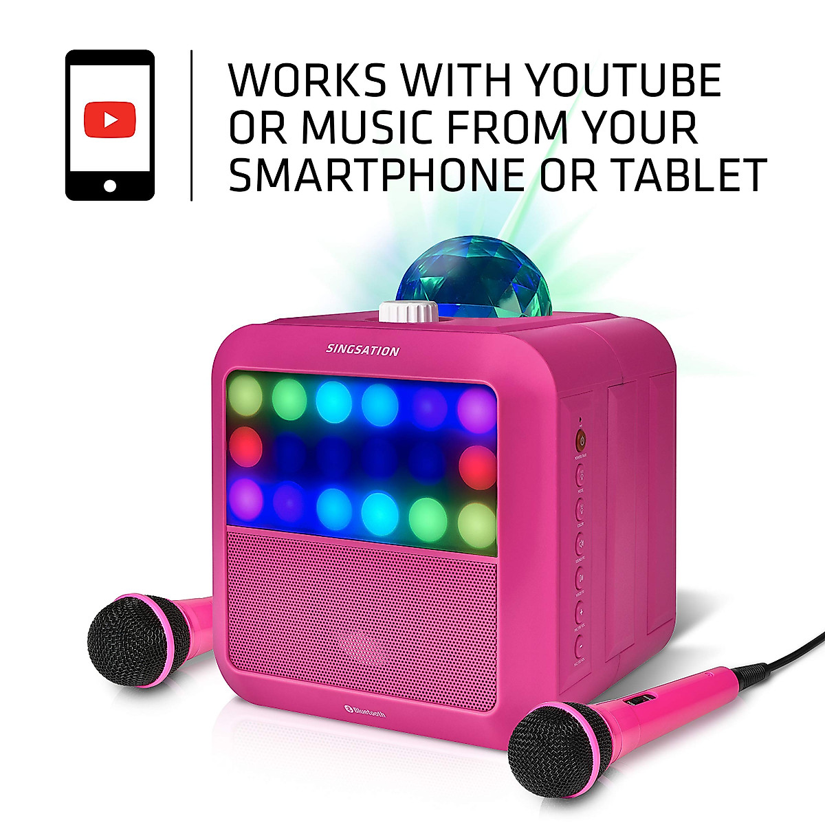 Singsation Star Burst Portable Karaoke Machine, Bluetooth, Room-Filling Light Show with 10 Light Functions, 6 Amazing Sound Effects, 2 Microphones Included for Duets, Pink