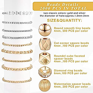 2000 Pieces DIY Assorted Spacer Bead Set Round Smooth Tiny Bead Diamond Ring Bead Cube Faceted Spacer Bead Corner Square Bead Loose Jewelry Bead for Bracelet Earring Necklace DIY Jewelry Craft Making