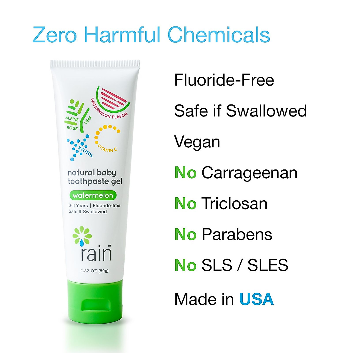 Rain Natural Baby Fluoride Free Kids Toothpaste Gel - Safe to Swallow Infant Toddler Tooth Paste, 2.8 Oz, Babies Training, Ages 6 to 12 months and Up Vitamin C Watermelon Toothpaste for Kids 0-6 years