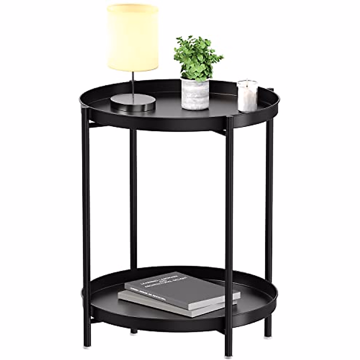EKNITEY 2 Tier End Table - Metal Side Table Waterproof Small Sofa Coffee Side Tables Bedroom Indoor Outdoor with Removable Tray for Living Room Bedroom Balcony and Office (Black)