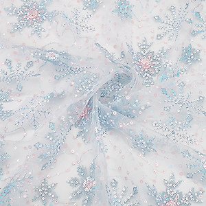 BENECREAT 1 Yard Snowflake Sequins Tulle, 61inch Light Blue Sheer Organza Fabric Snowflake Embroidered Mesh Lace for Garment Accessorie, Veils Dress, Curtain Home Christmas Decorations