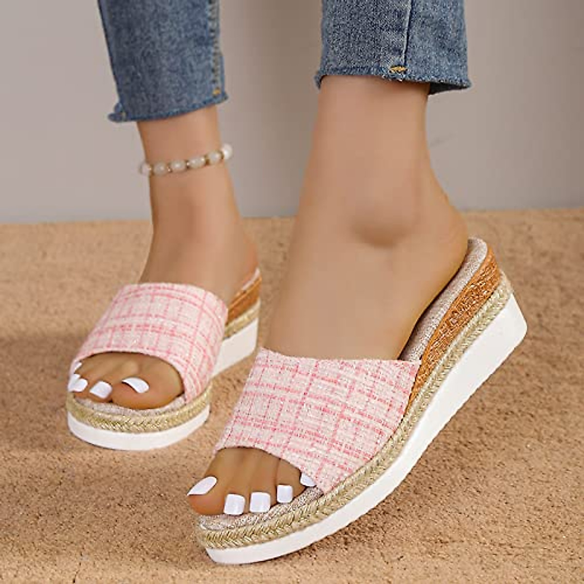 Womens Platform Wedge Sandals Espadrilles Braided Open Toe Slip On Summer Mule High Heels Summer House Slippers (Pink, 7)