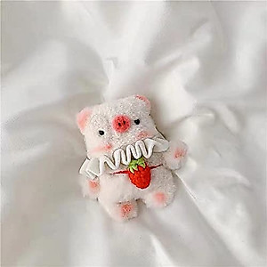 Cute Unique Creative Stylish Furry Cartoon Handmade Fur White Pig Piggy Knit Animal Plush Case Compatible with Airpods2 Aiprods Girlilsh Strawberry Headphone Stuffed Cover for Girls Women Best Gift