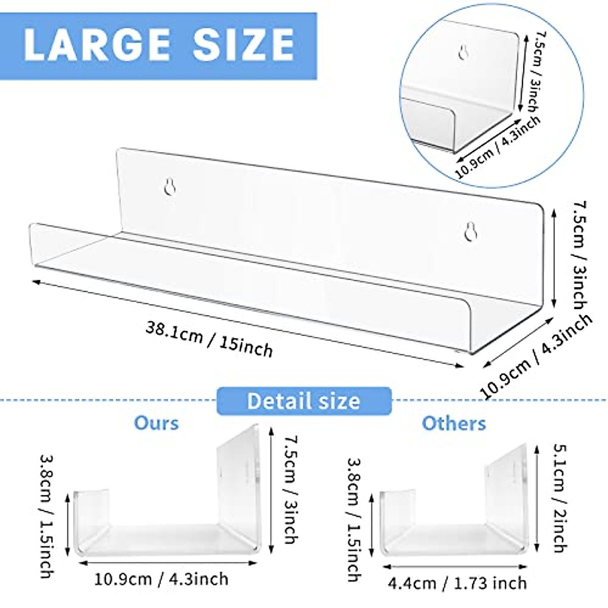 8 Packs 15 Inch Invisible Acrylic Floating Wall Shelf Wall Mounted Nursery Kids Bookshelf Display Shelves Toy Storage Wall Shelf Storage Shelves Display Organizer (Clear)