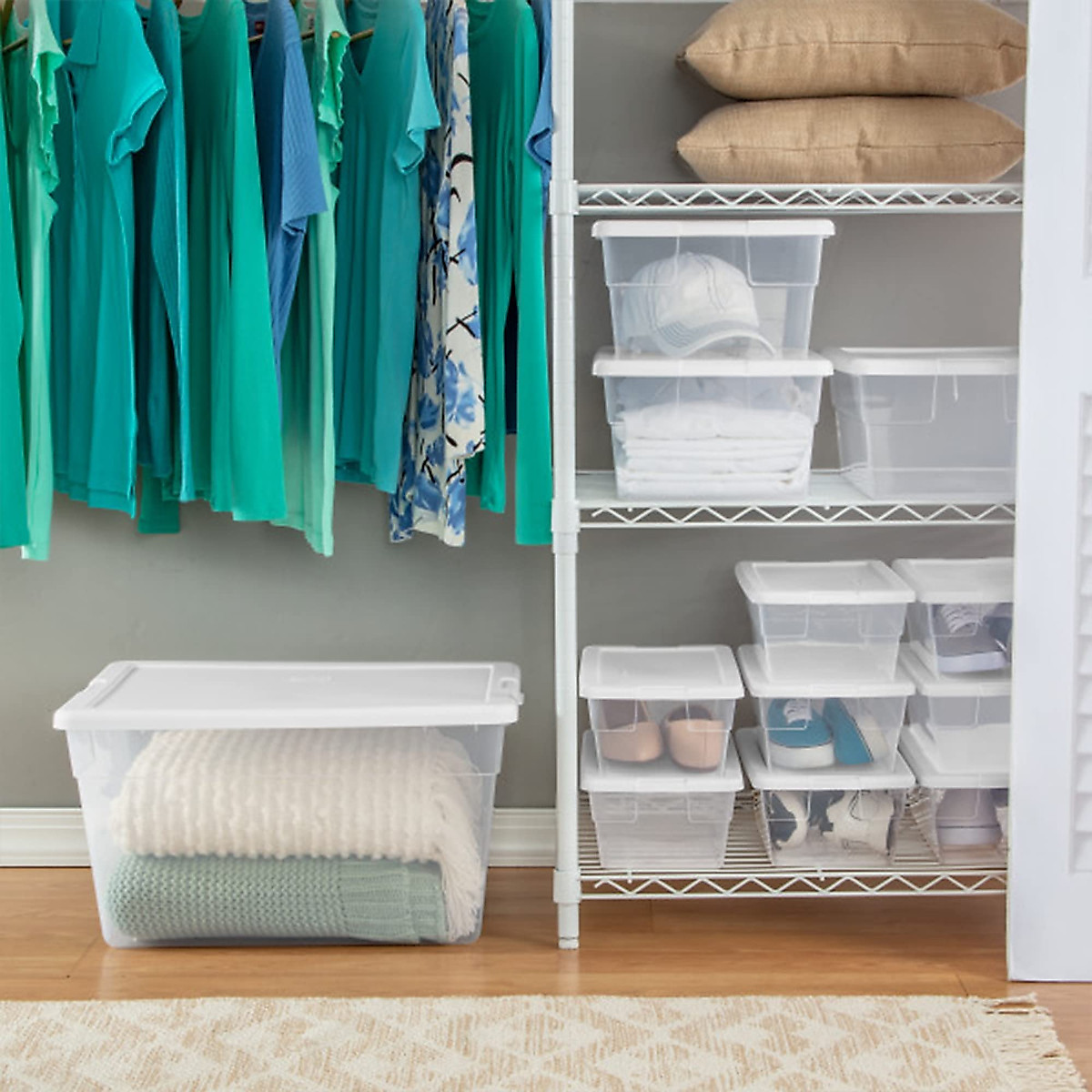 Sterilite 16 Quart Storage Box, Stackable Bin with Lid, Organize Shoes, Crafts in Home Closet, Office, School, Clear with White Lid, 48-pack