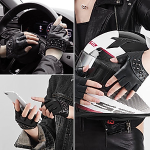 FIORETTO Womens Fingerless Leather Gloves for Driving Unlined Half Finger Punk Gloves for Motorcycle, Goth Cosplay Costume Black Large