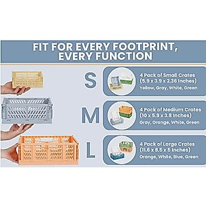 Plastic Crates for Storage Stackable – Set of 4 Collapsible Crates for Groceries, Books, Toys, Clothes, Makeup & More – Sleek Folding Pastel Crates for Organizing – Medium, 5.9" x 10" x 1.02"