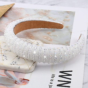 Wecoe White Headband Rhinestone Headband Women Fashion Fancy Bling Sparkle Crystal Beaded Headband Diamond Padded Headband Cute Hair Bands Birthday Wedding Holiday Hair Accessories For Women Girls