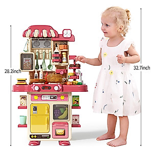 Deejoy 48Pcs Kitchen Playset for Boys & Girls, Kid Play Kitchen with Realistic Lights & Sounds, Spray Sink, Pretend Food Toys Kitchen for Toddlers (Red)