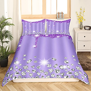 Silver Glitter Print (No Glitter) Bedding Set Bling Party Decorations Purple Comforter Cover for Girls Diamond Jewelry Duvet Cover Bedspread Cover Quilt Cover Full