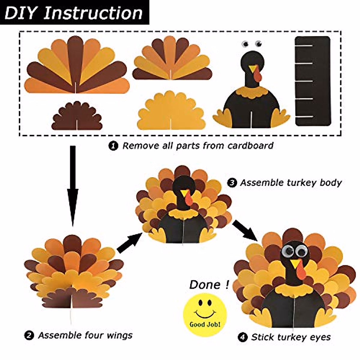 Thanksgiving Crafts for Kids - Turkey Crafts for Autumn Home Classroom Decorations - Festive Fall Thanksgiving Party Turkey Craft Kit - DIY Happy Thanksgiving Sign & 3D Turkey Decor Supplies