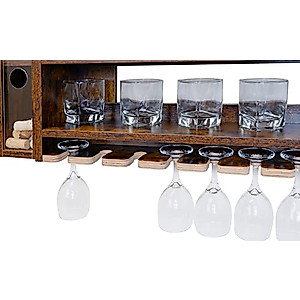 Farmhouse Wine Rack Wall Mounted Wood Wine Shelf with Bottle Stemware Glass Holder Rustic Wine Display Storage Rack with 4-Bottle Liquor Dispenser for Home Bar Kitchen Decor