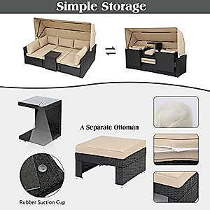 MAGIC UNION 7 Pieces Patio Furniture Sets Daybed with Retractable Canopy, Outdoor Rattan Sectional Sofa Set, Wicker Patio Seating Chairs with Adjustable Backrest for Backyard,Garden,Poolside (Khaki)