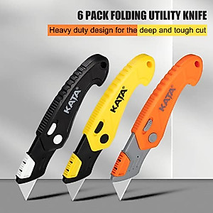 KATA 6-Pack Utility Knife, Folding Box Cutter for Cartons, Cardboard and Boxes, Quick Change Blade, 10pcs Extra SK5 Blades Included, Lock Back Mechanism