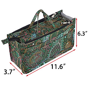 BTSKY Printing Handbag Organizers Inside Purse Insert - High Capacity 13 Pockets Bag Tote Organizer with Handle (Green Lotus)