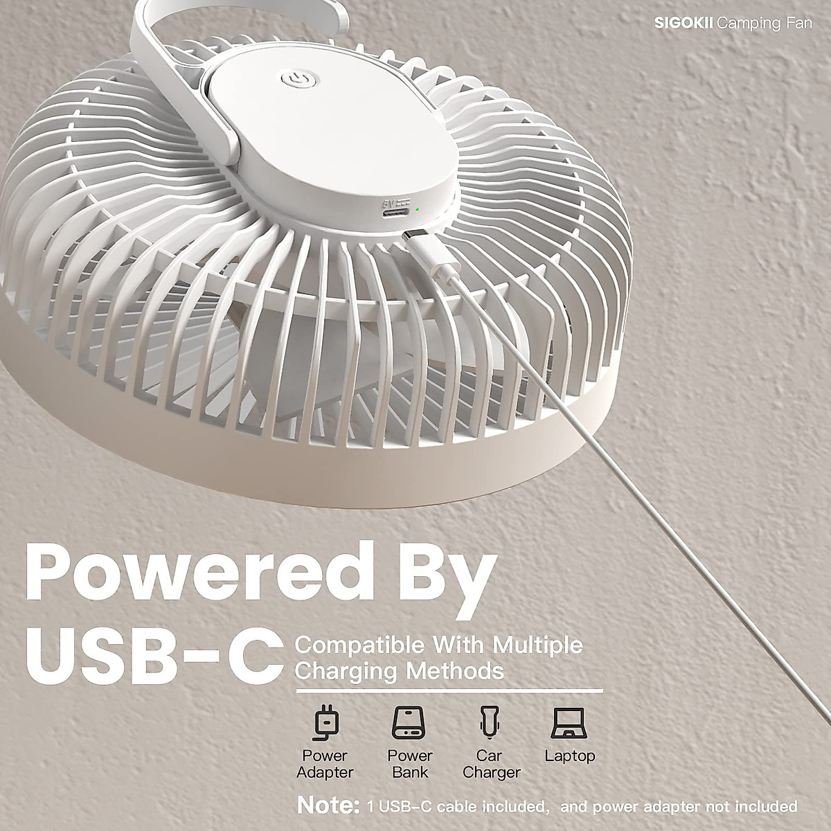 5000mAh Portable Camping Fan with LED Lights, 7 Inch Small Desk Fan Rechargeable Personal Fan, Battery Operated USB Powered Fan with 3 Speeds for Home Office Car RV Picnic Tents Camping Accessories