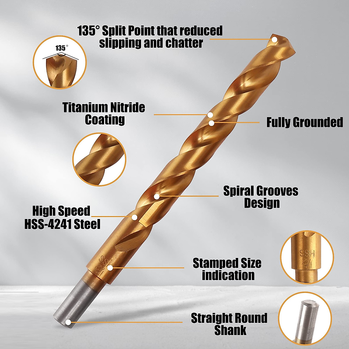 MulWark 25PC Titanium Nitride Coated Twist Drill Bit Set, 135° High Speed HSS Steel Jobber Drill Bits 1/6"-1/2" Straight Round Shank Drill Bits