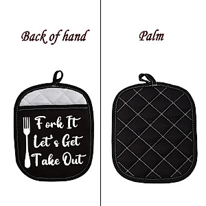 LEVLO Kitchen Lovers Gifts Fork It Let's Get Take-Out Kitchen for Potholders Funny Quote Oven Mitt Gifts (Let's Get Take-Out Kitchen)