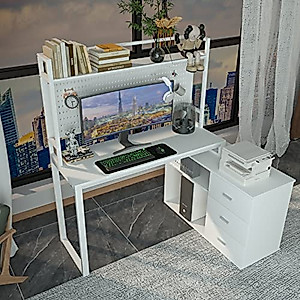 PAKASEPT Home Office Computer Desk L Shaped Desk, Reversible Corner Desk with Drawers & Shelves & Pegboard, White Desk Study Writing Table for Home Office