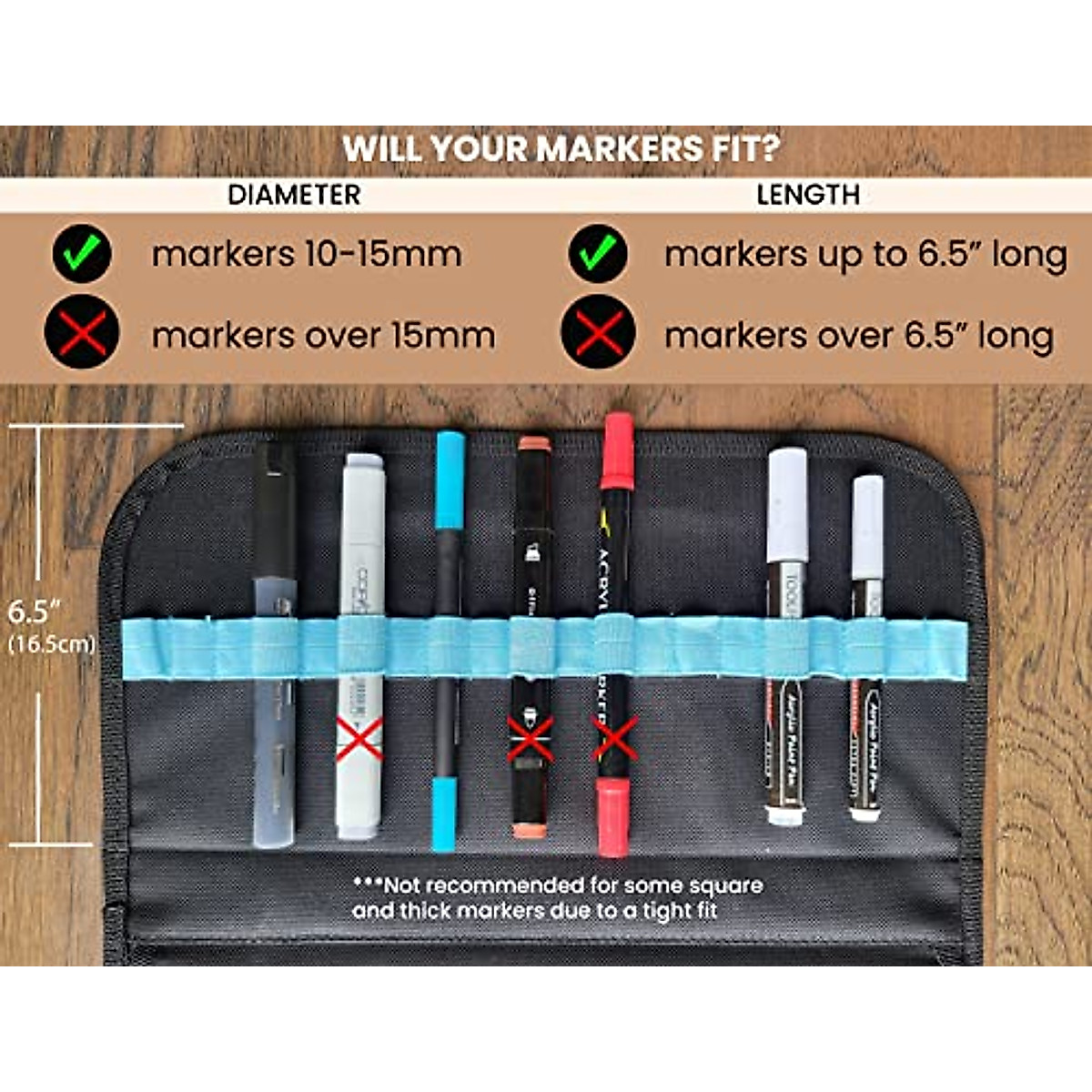 TOOLI-ART Marker & Pen Carrying Case -120 Slots, Canvas, Extra Pockets, Trolley Sleeve, Removable Shoulder Strap, For Most Markers (up to 15mm Diameter), Lipstick, Etc. Black