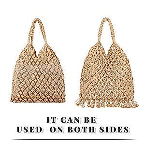 Oweisong Women Straw Travel Beach Bag Handmade Woven Fishing Net Handbag Tote Summer Weave Rattan Mesh Shoulder Purse