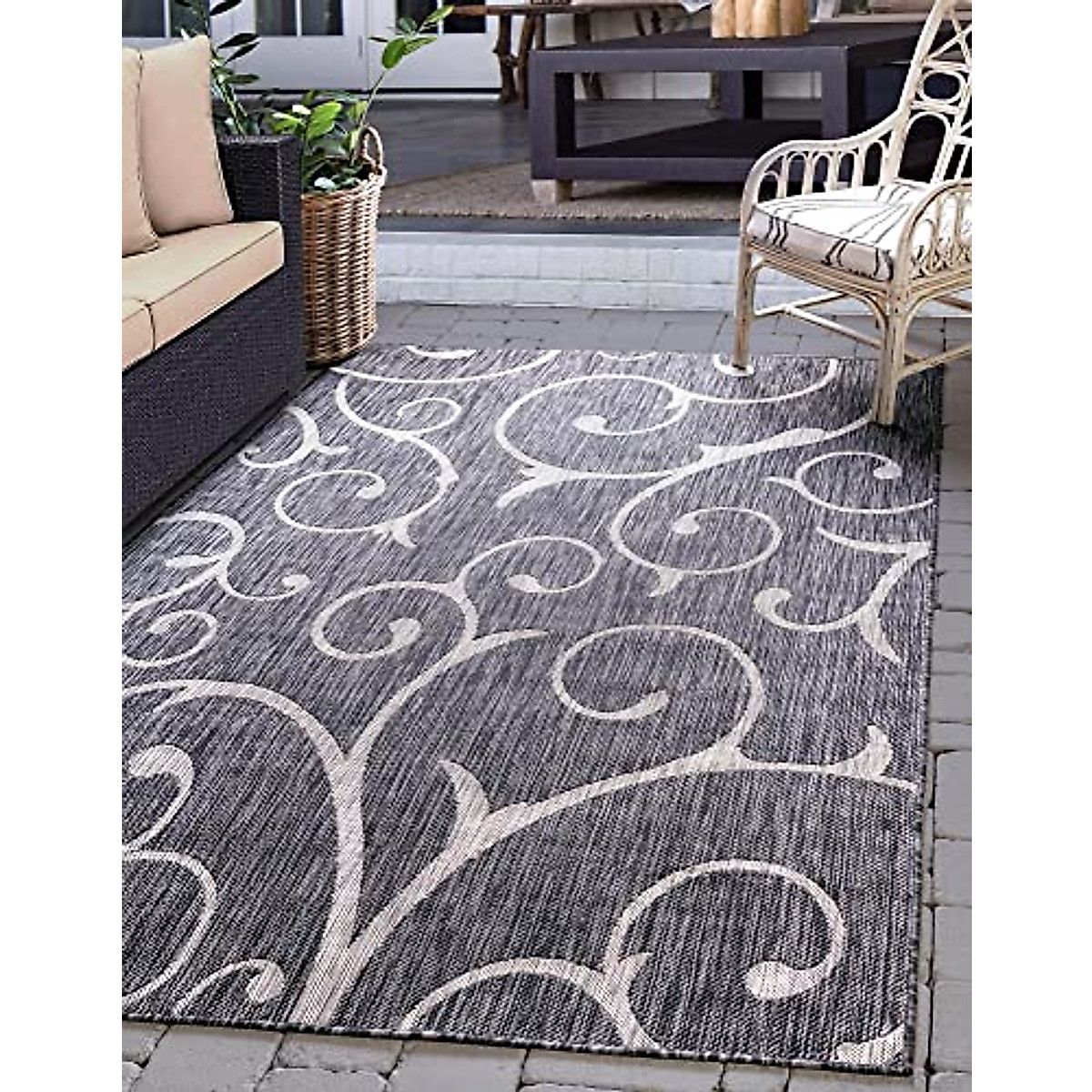 Unique Loom Outdoor Botanical Collection Botanical, Coastal, Vines, Indoor and Outdoor Area Rug (5' 0 x 8' 0 Rectangular, Charcoal Gray/Beige)