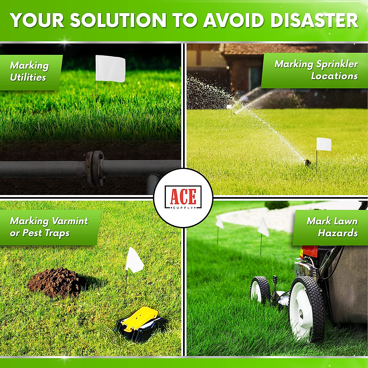 ACE Supply Marking Flags - 4 x 5-Inch Flag on 15-Inch Steel Wire - White, 100 Pack - Marker Flags for Irrigation, Sprinkler Flags, Lawn Flags, Yard Flags, Garden Flags, Dog Training, Invisible Fence