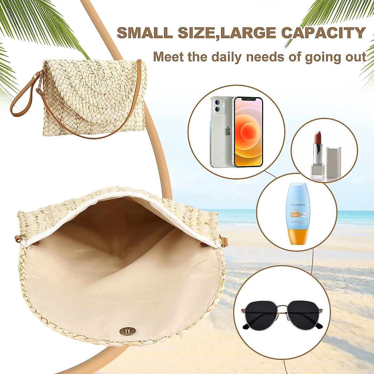 Rkrouco Women's Straw Clutch Summer Beach Bags Crossbody Straw Bag Woven Purse with Bag Strap