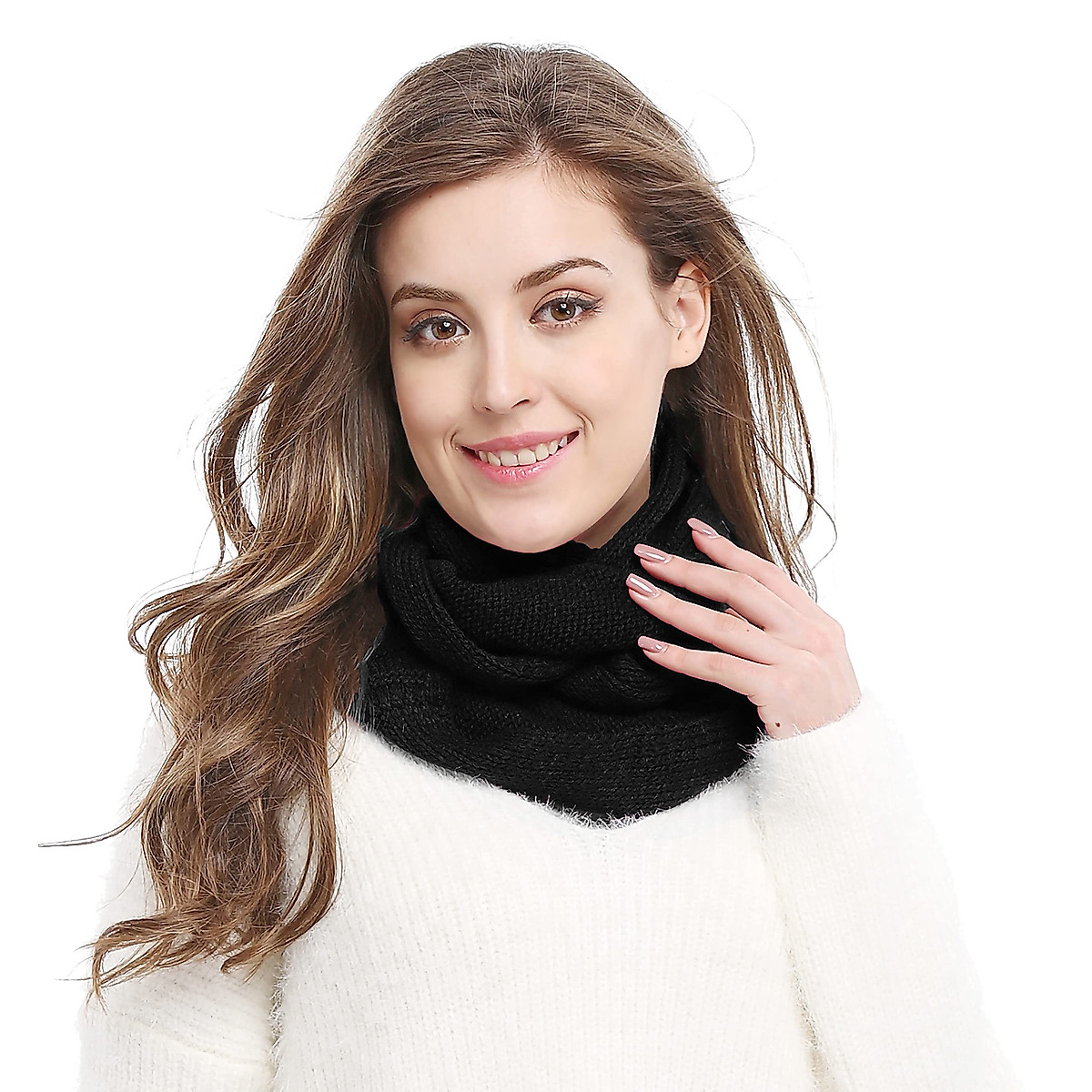 Winter Soft Pullover Knit Infinity Scarf Beanie Hoodie Scarf,Black