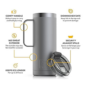 RTIC 20 oz Coffee Travel Mug with Lid and Handle, Stainless Steel Vacuum-Insulated Mugs, Leak, Spill Proof, Hot Beverage and Cold, Portable Thermal Tumbler Cup for Car, Camping, Graphite