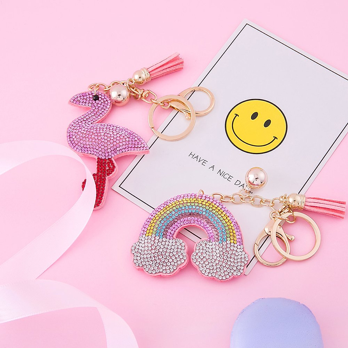 Soleebee Glitter Keychain Premium SS6 Crystal Tassel Key Chain Leather Bag Charm for Women Girls (Rainbow)