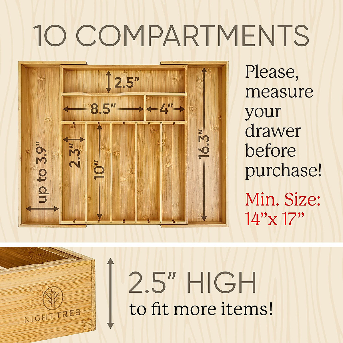 (2.5" Deep) expandable drawer organizer for silverware utensils kitchen gadgets and cutlery flatware organizer for drawer tray / Utensil Tray, large expands from 13.7 - 21.6 Wide X 17L X 2.5H