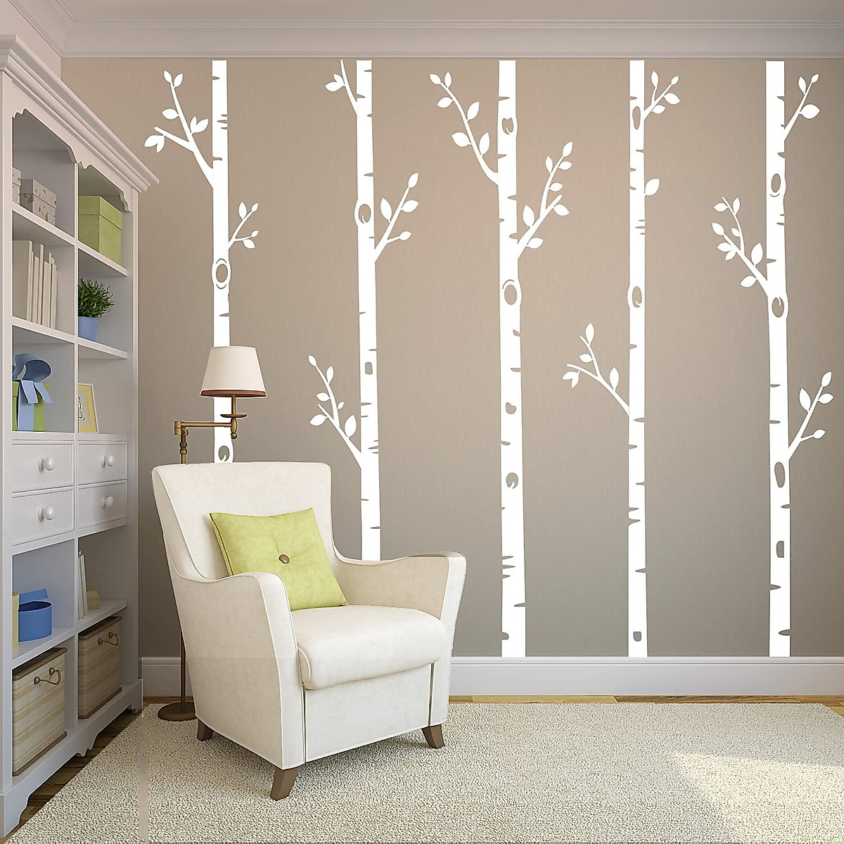 Giant Tree Wall Decals 5 Birch Tree Wall Stickers Woodland Wall Stickers for Baby Kids Nursery Bedroom Living Room Wall Decorations (100", White)