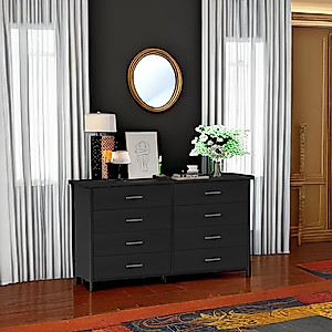 IKENO 8 Drawer Dresser for Bedroom, Industrial Wood Dresser Wide 8 Chest of Drawers, Wooden Storage Organizer Dresser with Sturdy Steel Frame (Black)