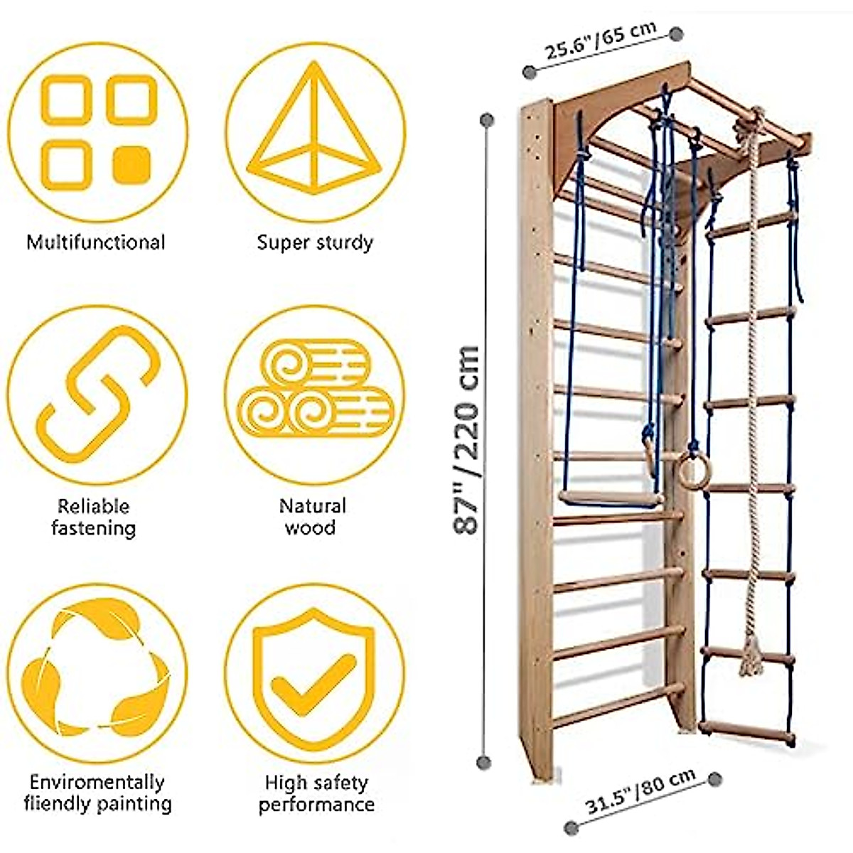 Wooden Swedish Ladder - Stall Bars Set for Physical Therapy & Gymnastics with Swing Set and Adjustable Pull-up bar - Sport Complex (KM-2)