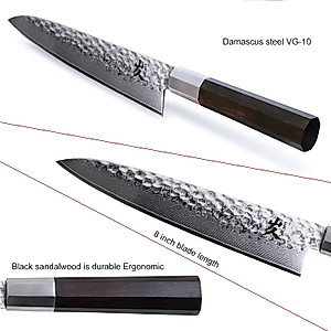 SAMCOOK Japanese Chef Knife - 8 Inch Professional Hand Forged Gyuto Knife - VG-10 Damascus High Carbon Stainless Steel Kitchen Cooking knife - Ergonomic Black Sandalwood Handle with Gift Box