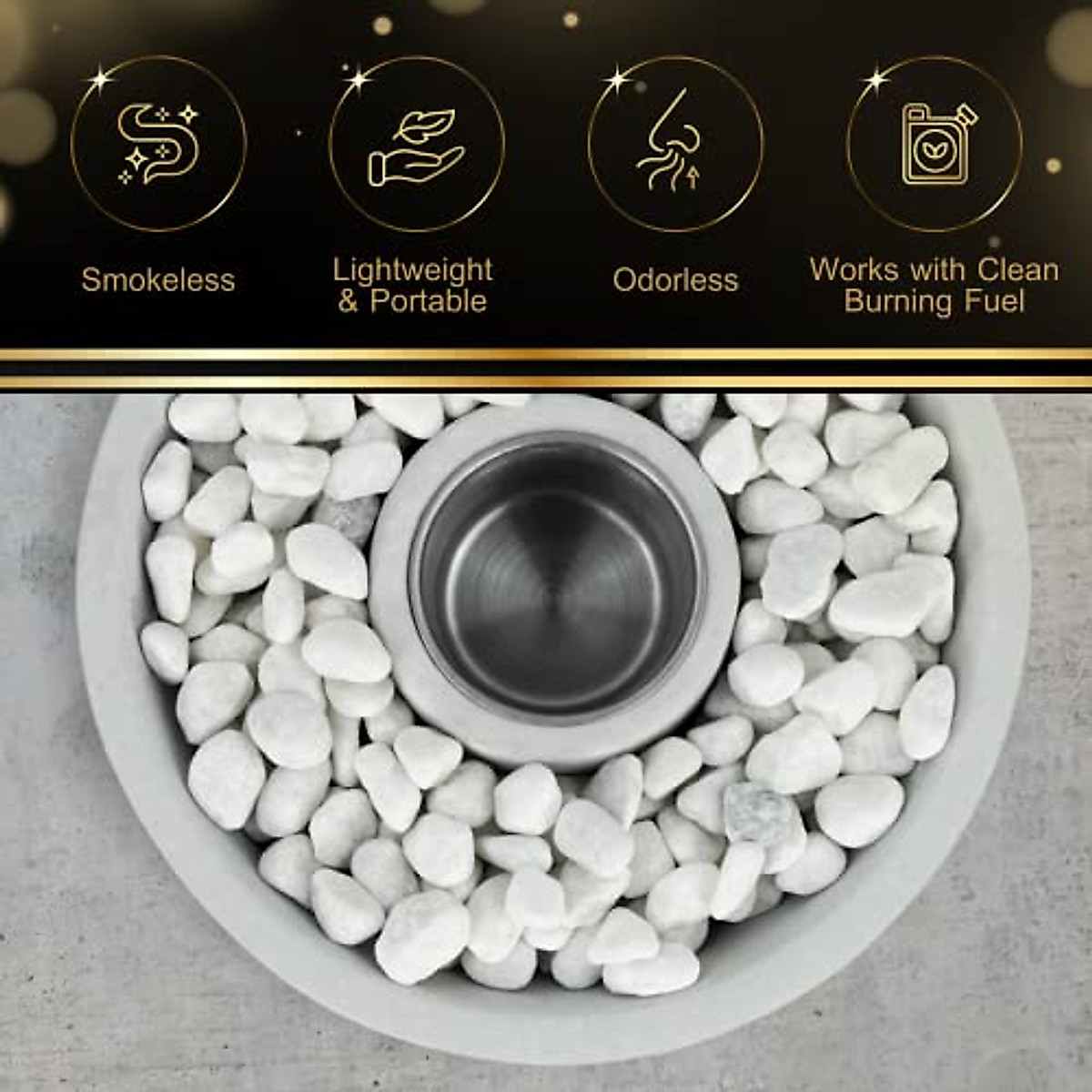 Concrete Tabletop Fire Pit - Smokeless & Odorless Round Ethanol Tabletop Fire Pit - Portable Outdoor & Indoor Smores Fire Pit - Mini Fireplace with Decorative Rocks - Bi Ethanol Fuel