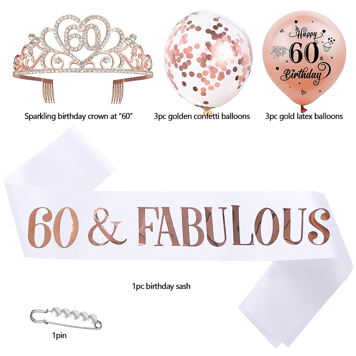 SKJIAYEE 60th Birthday Party Sash and Tiara Kits-60th ‘FABULOUS’ White Sash and Glitter Rose Gold Crown and Birthday Balloons for Women Birthday Party Decorations Supplies
