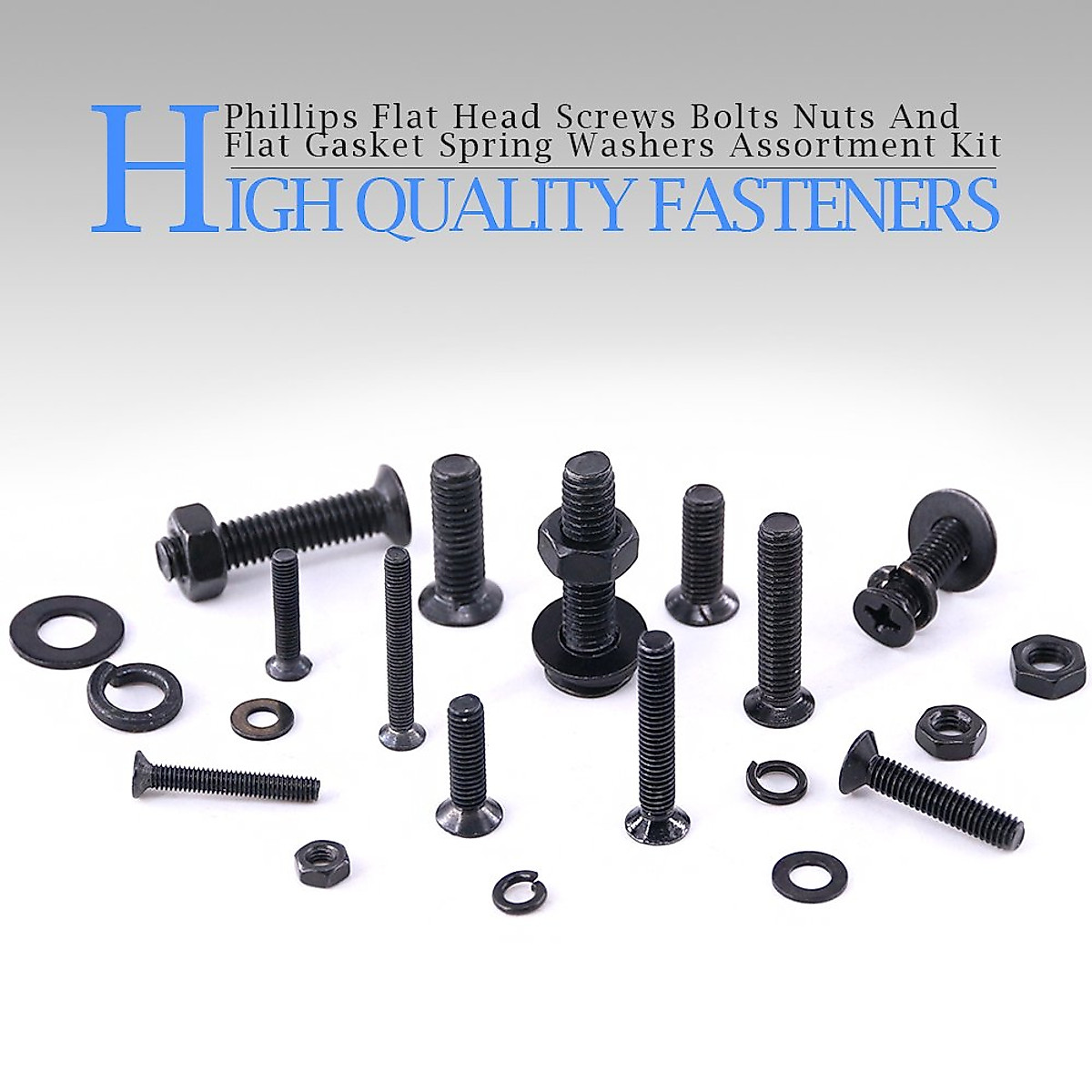 Glarks 665Pcs Alloy Steel Flat Head Machine Screws Bolts Nuts and Flat Gasket Spring Washers Assortment Set, Fully Threaded, Black Oxide Finish