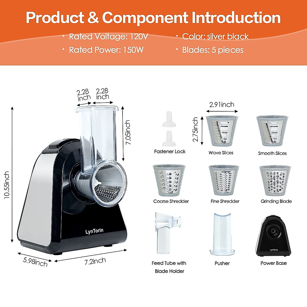 LynTorin Electric Cheese Grater, Electric Slicer/Shredder for Vegetable Fruits, One-Touch Control Electric Salad Maker Machine with 5 Attachments,Electric Vegetable Graters for Home Use