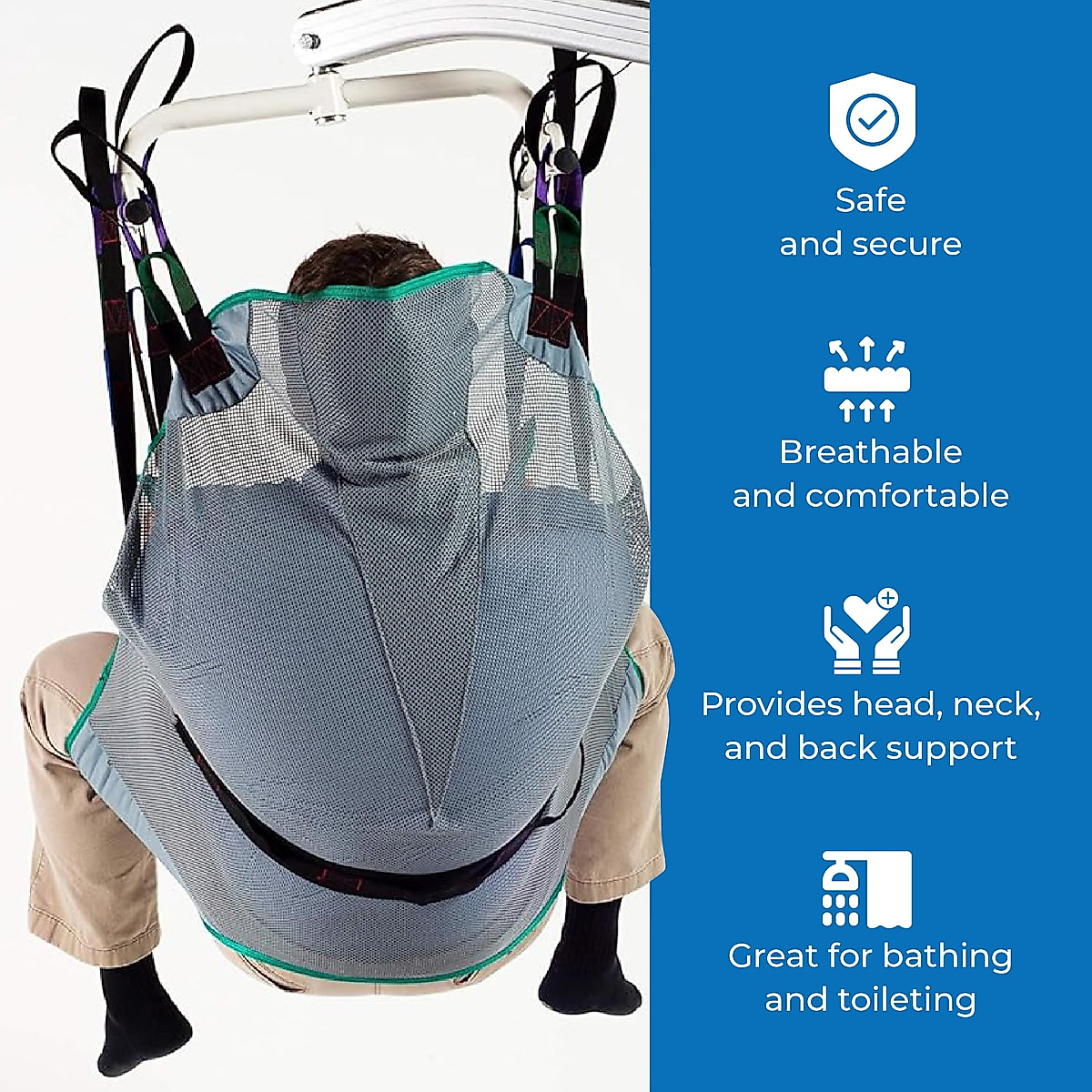 Patient Aid Full Body Mesh Divided Leg Sling with Head and Neck Support for Bathing and Toileting, with 155-255 lbs (Medium) Weight Capacity Mesh Weave for Safe and Easy Transfers