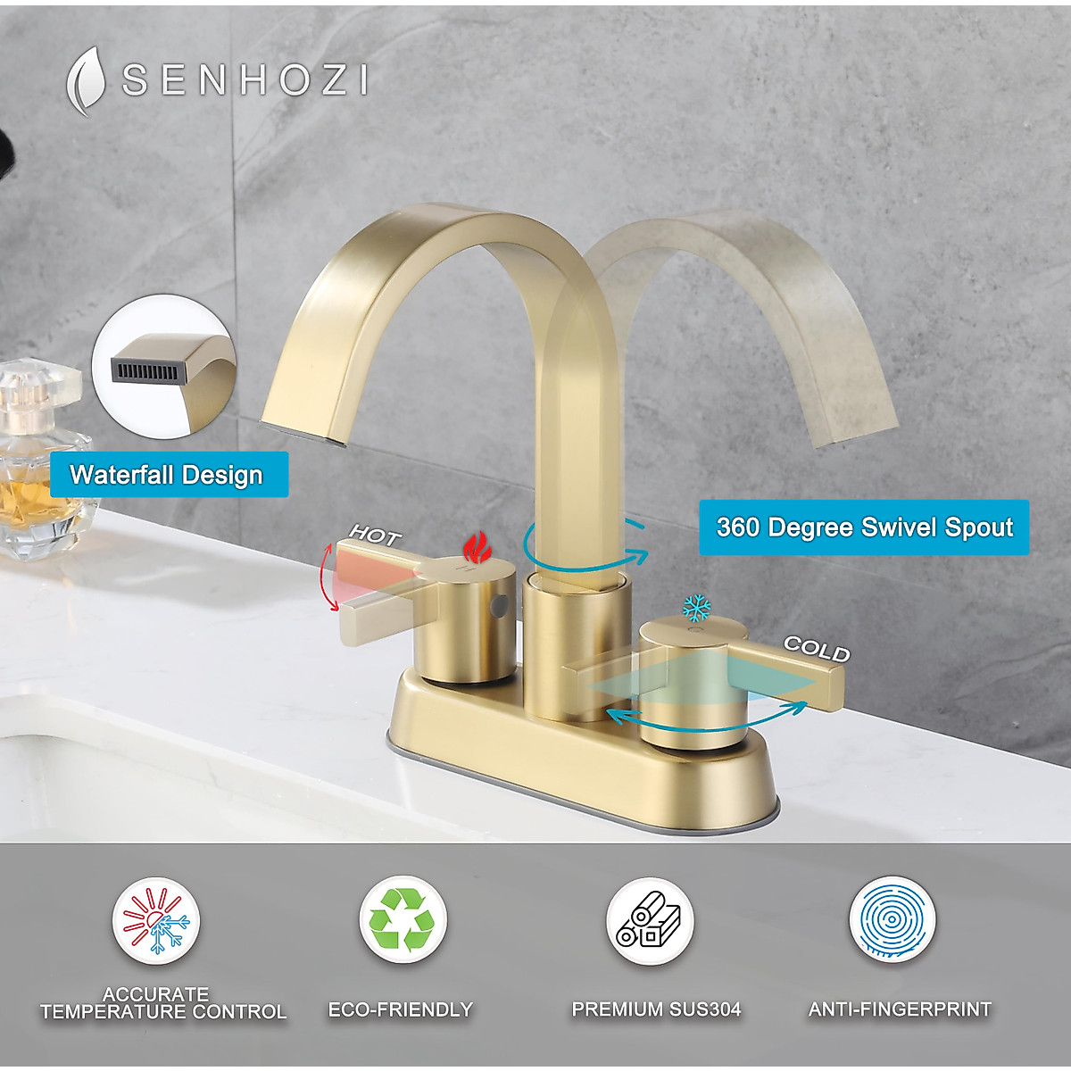 Senhozi Bathroom Sink Faucet 3 Hole Brushed Gold, 2 Handle 4 Inch Centerset Stainless Steel Bathroom Faucet with Pop up Drain and 2 Supply Lines, Waterfall Faucet Modern Faucet Bathroom, SE-0048-BG