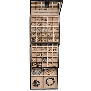 Glenor Co Earring Organizer Holder - 50 Small & 4 Large Slots Classic Jewelry box with Drawer & Modern Closure, Mirror, 3 Trays for Earrings, Ring or Chain Storage - PU Leather Case - Black